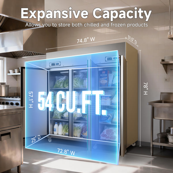 VEECOOL W-MK-72RF 72" WiFi Enabled Tthree Section Solid Door Stainless ...